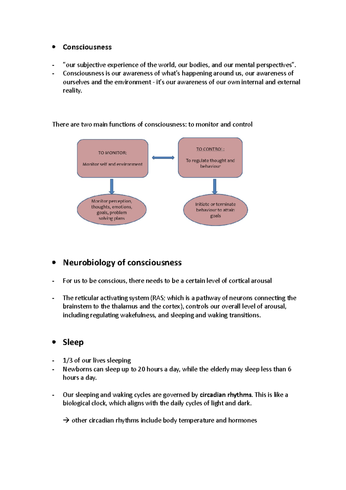 UTAS PSY112: Brain and behaviour- week 12 lecture summary - Consciousness - "our subjective ...
