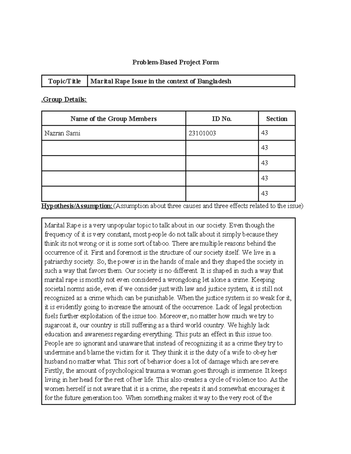 Data-log-SA - kjb - Problem-Based Project Form Topic/Title Marital Rape Issue in the context of ...