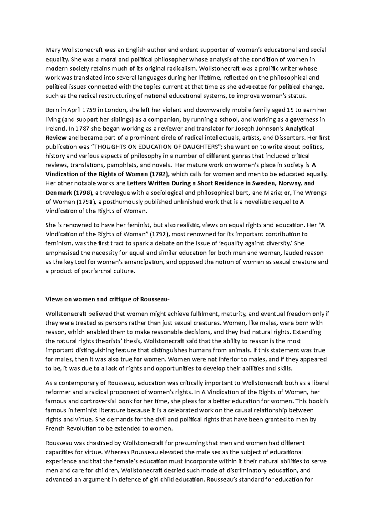 Mary wollstonecraft and her theories - Mary Wollstonecraft was an ...