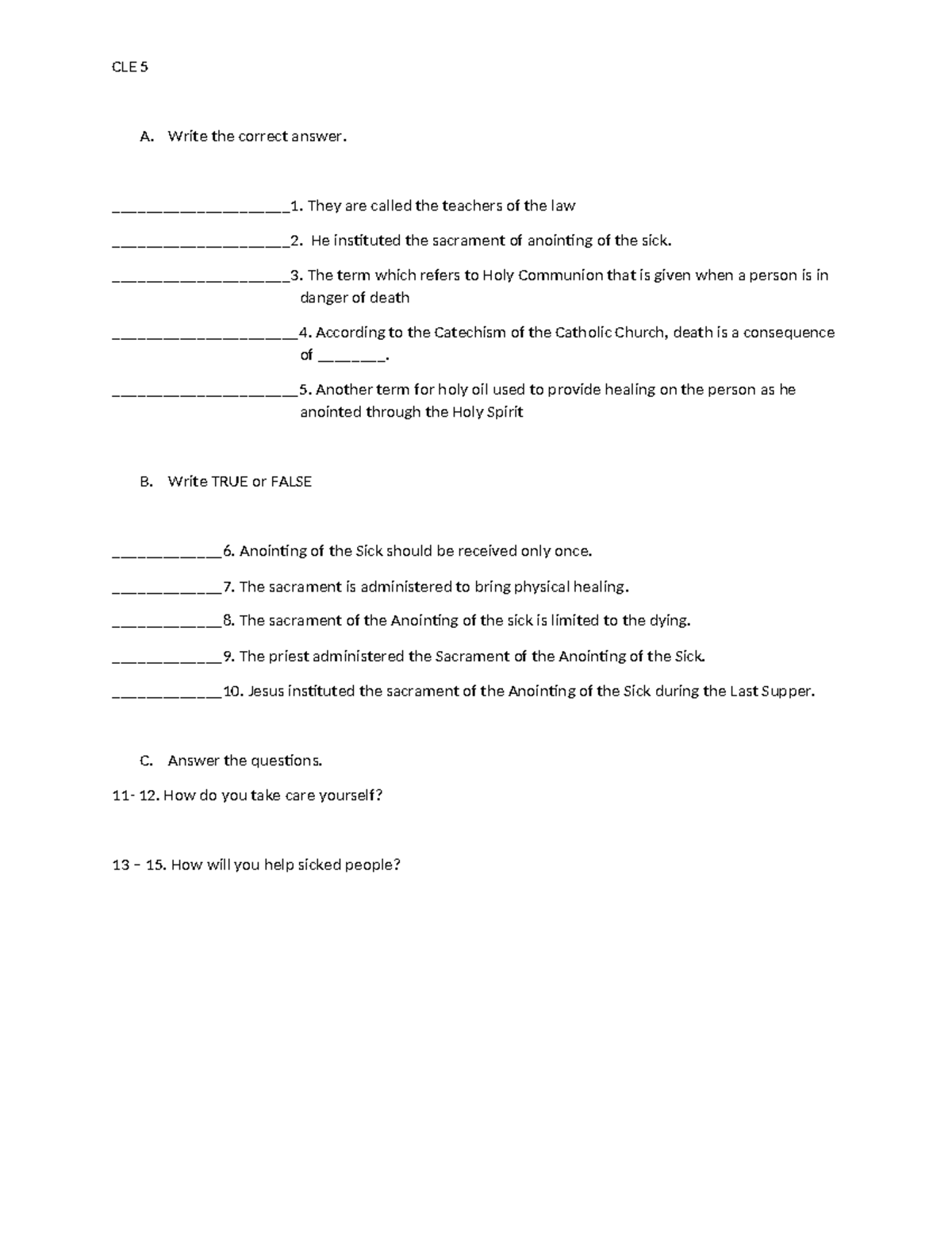 CLE 5 - Franz - CLE 5 A. Write the correct answer ...