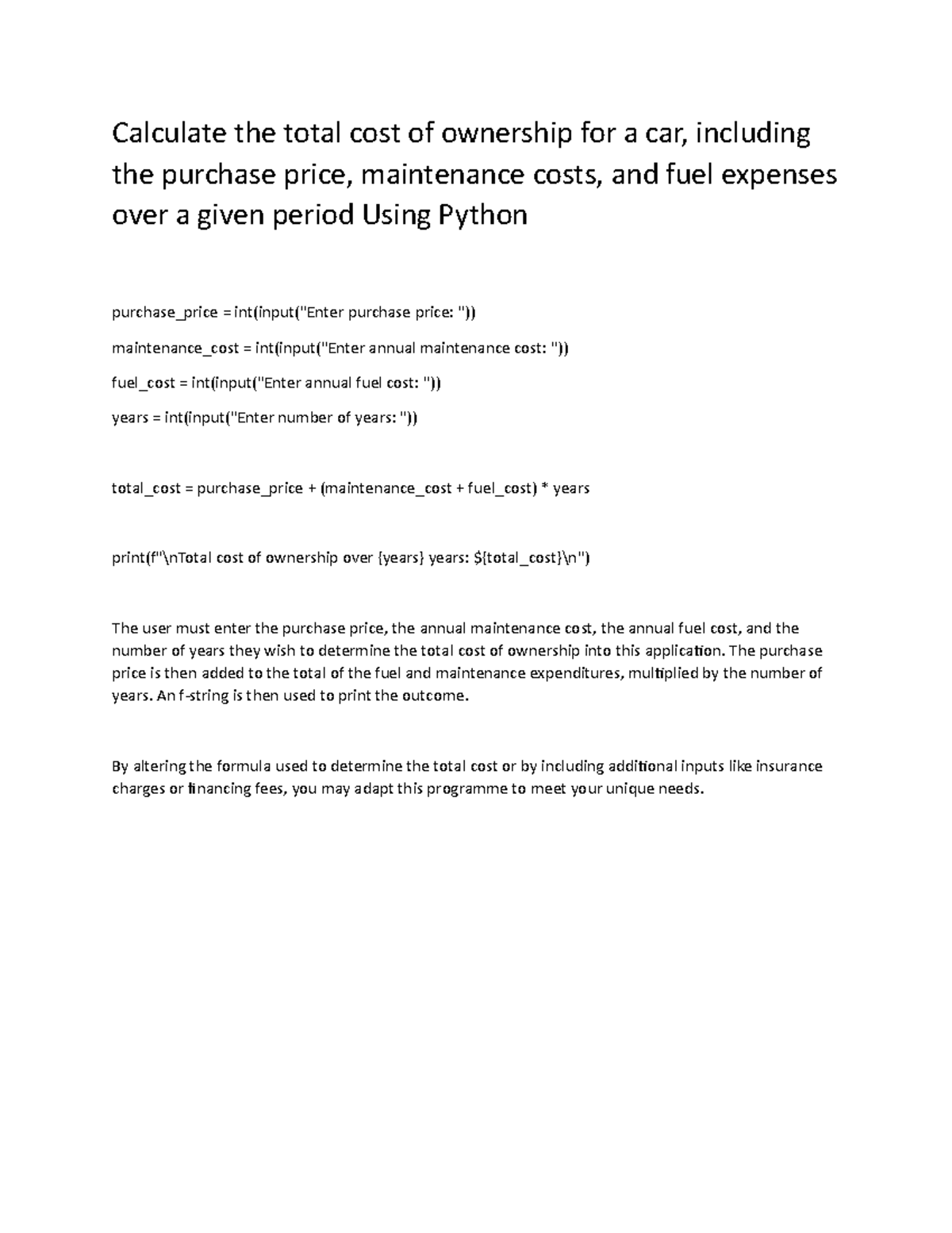 Comp6076-assign 03-Python - Calculate the total cost of ownership for a ...