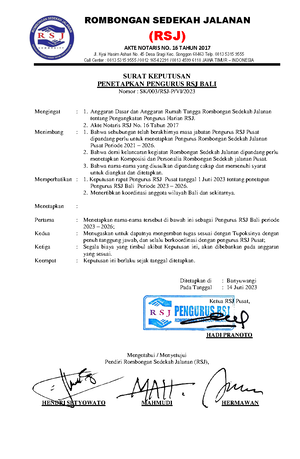 Surat Tugas RSJ - (RSJ) AKTE NOTARIS NO. 16 TAHUN 2017 Jl. Kyai Hasim Ashari No. 45 Desa Sragi ...