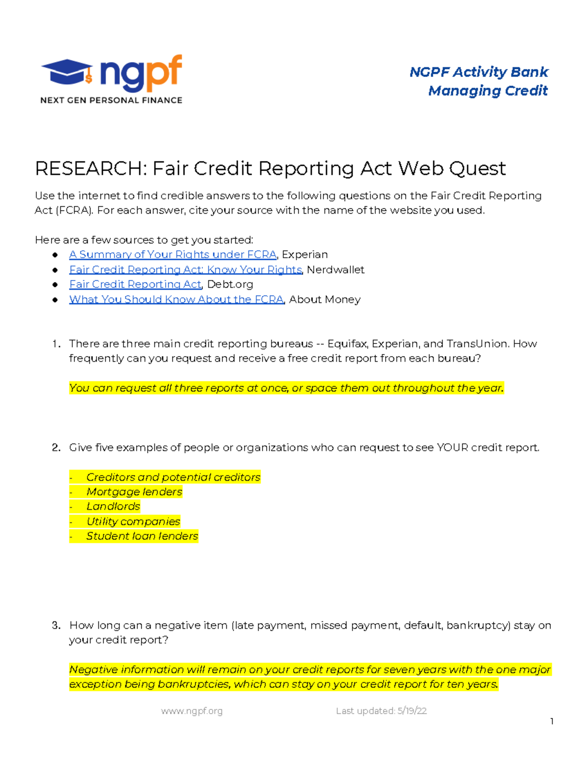 Research Fair Credit Reporting Act Web Quest-1 - ngpf Last updated: 5 ...