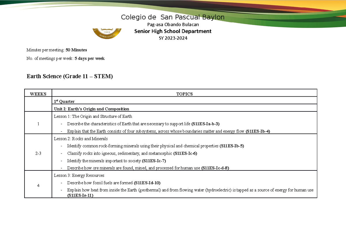 Earth Science Course Outline - Colegio de San Pascual Baylon Pag-asa ...