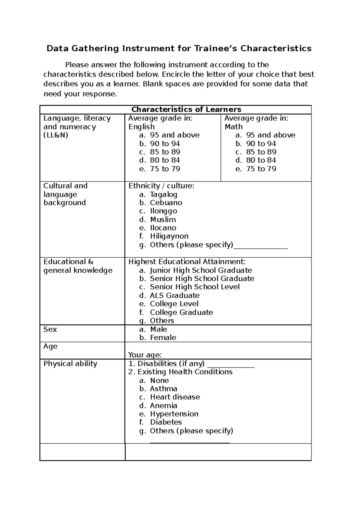 01 Trainees Characteristics (NEW) 1 - Data Gathering Instrument for ...