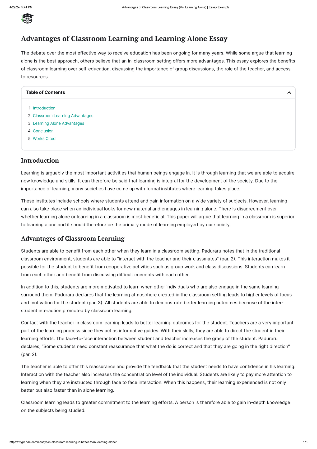 Advantages of Classroom Learning Essay (Vs. Learning Alone) Essay ...