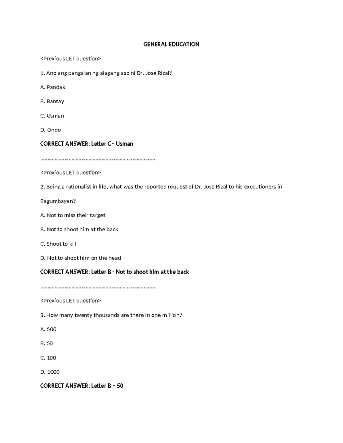 Gen Ed Prev LET 50 items - Reviewer - GENERAL EDUCATION Ano ang - Studocu