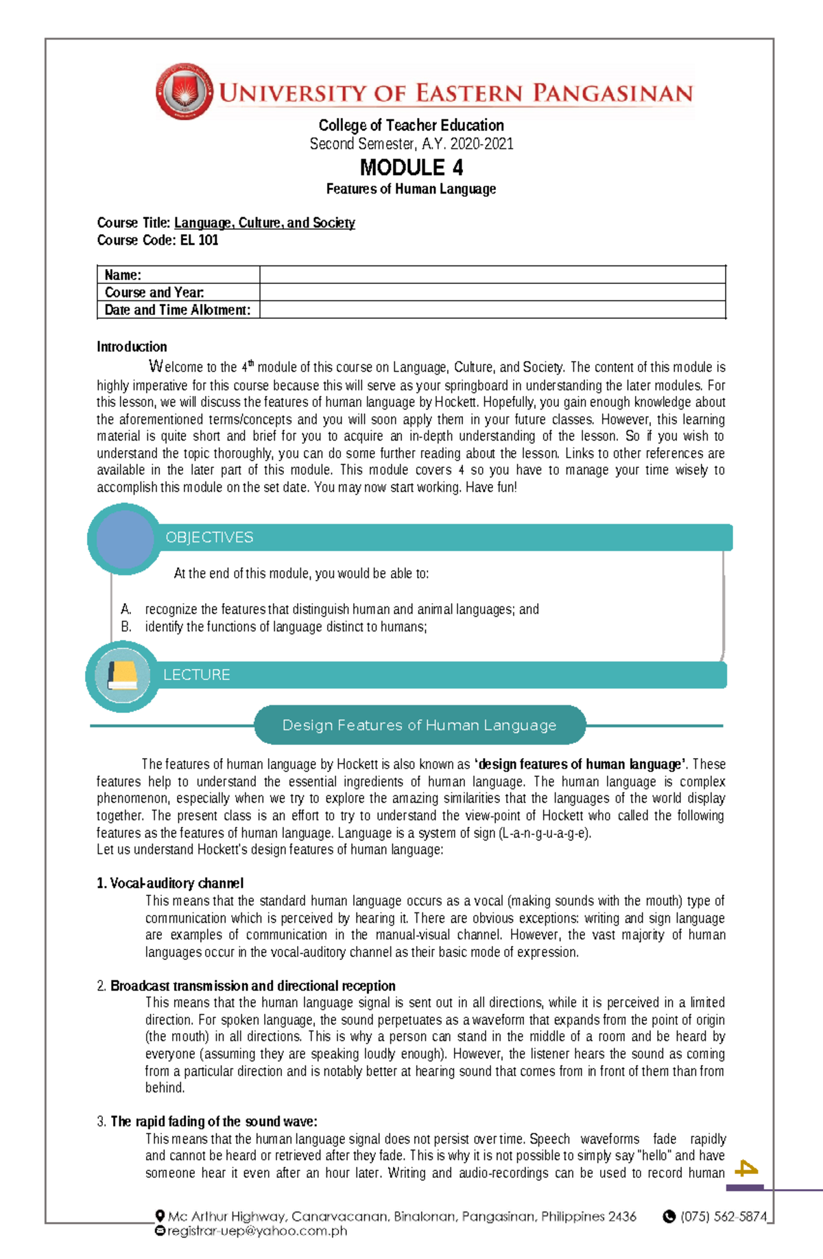Module 4 - 4 OBJECTIVES LECTURE College of Teacher Education Second ...