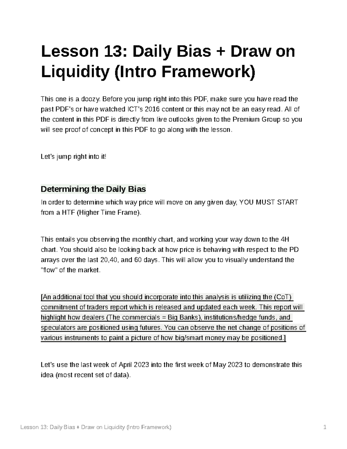 Lesson 13 - Daily Bias and Draw on Liquidity - Lesson 13: Daily Bias ...