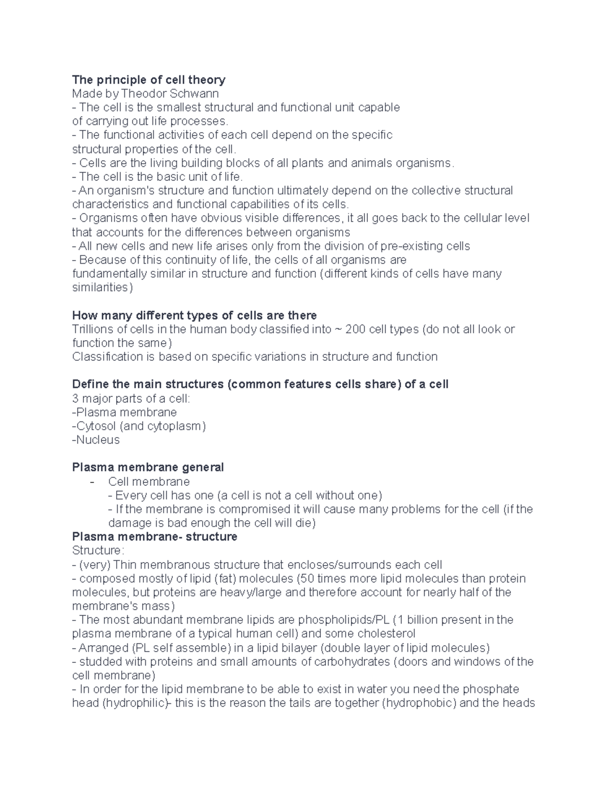 Physiology Final Exam - The principle of cell theory Made by Theodor ...