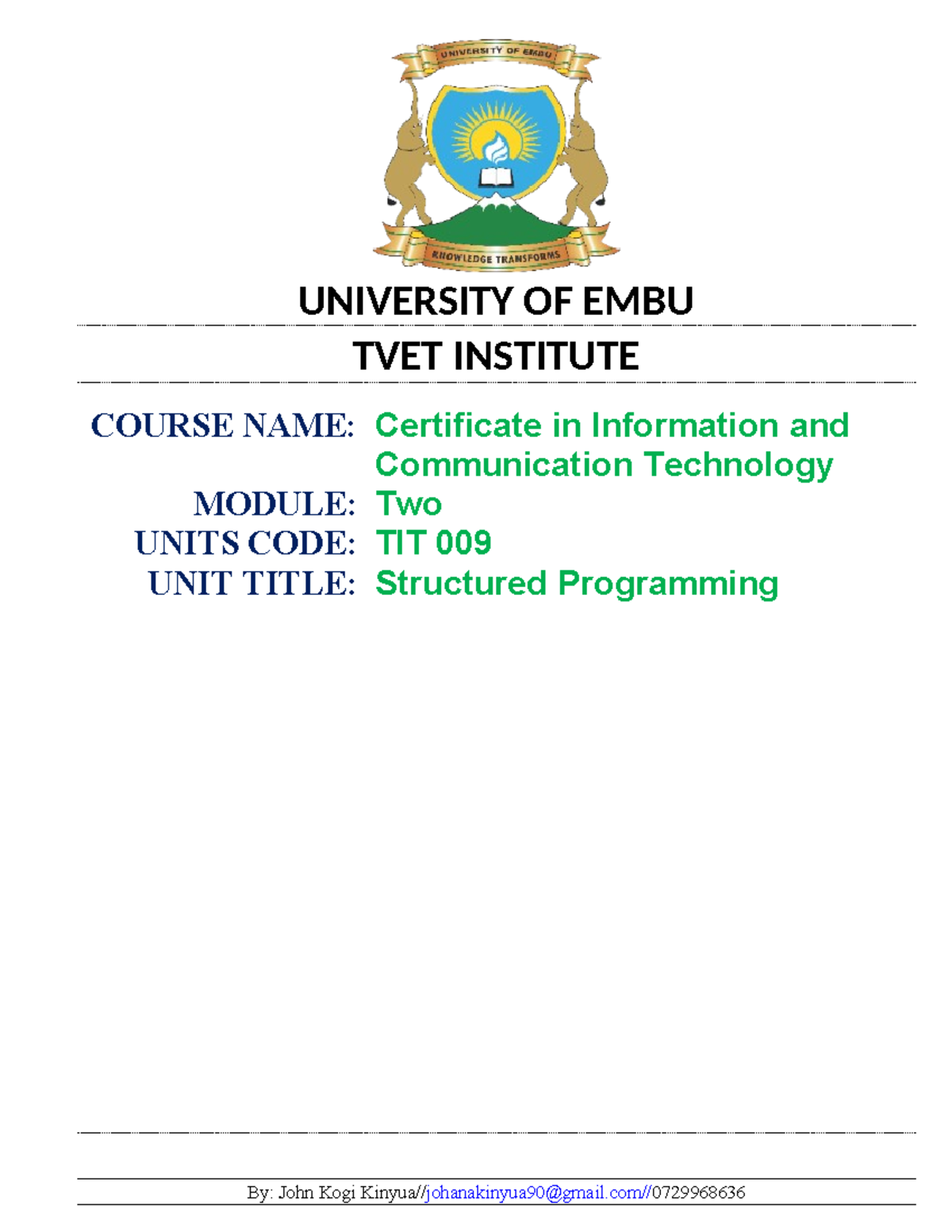 Topic 1- Introduction TO Structured Programming - UNIVERSITY OF EMBU ...