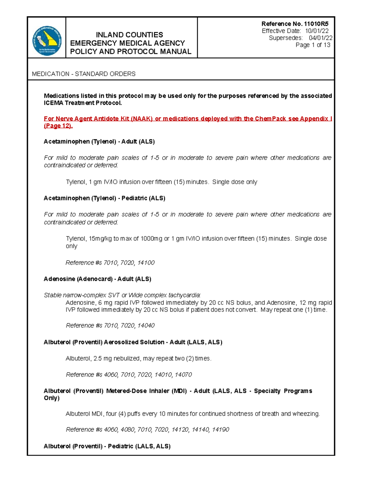 Icema Medications Standard Orders 11010 - INLAND COUNTIES EMERGENCY ...