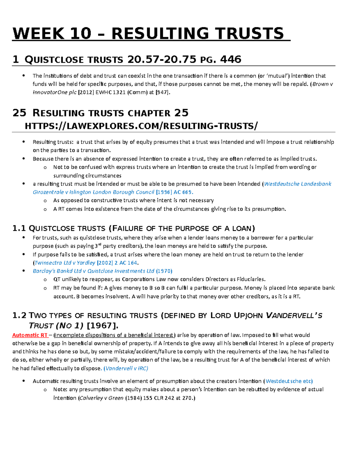 Week 10 resulting trusts notes - WEEK 10 – RESULTING TRUSTS 1 ...
