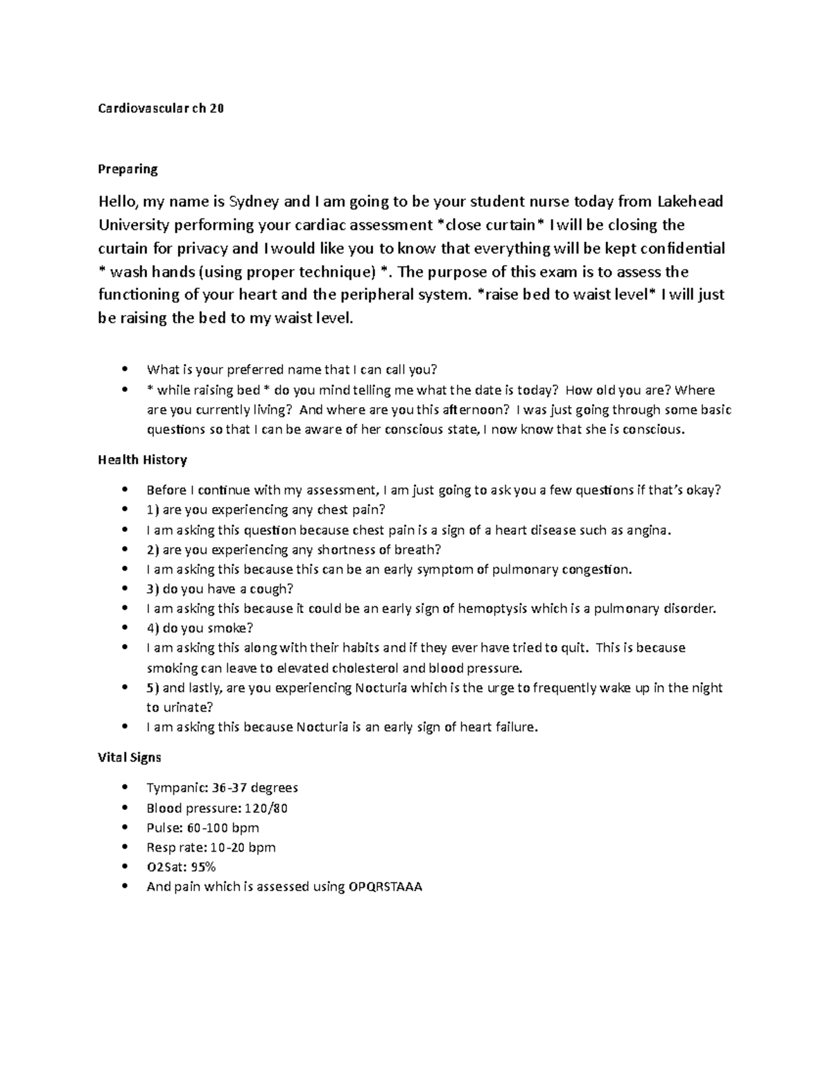 OSCE Script - manal - Cardiovascular ch 20 Preparing Hello, my name is ...