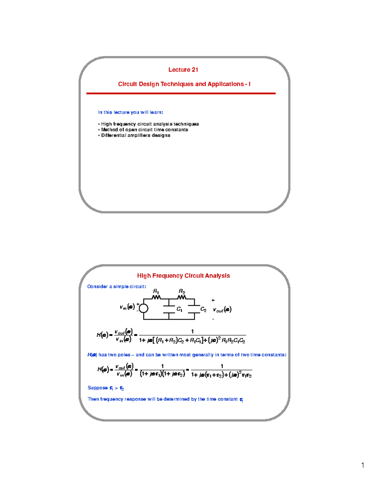 Lecture slides, lecture 21 - Lecture 21 Circuit Design Techniques and Applications I In this ...