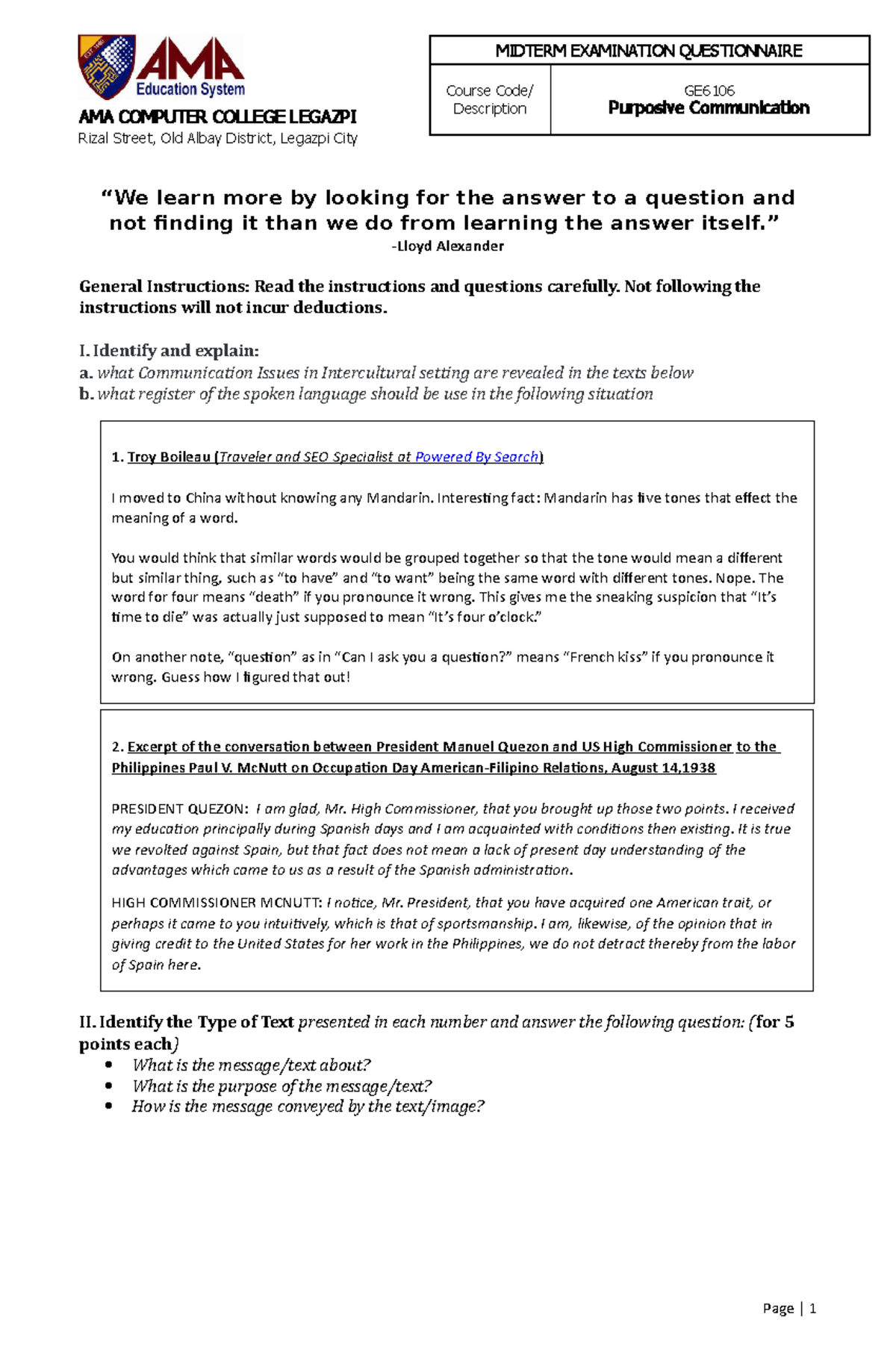 Sample/practice exam 2018, questions - AMA COMPUTER COLLEGE LEGAZPI ...