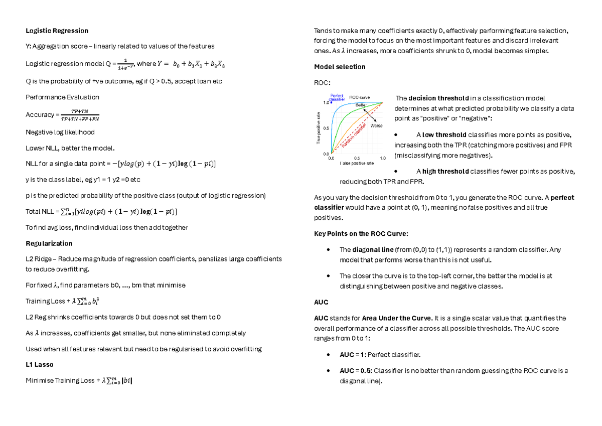 Cheatsheet - Logistic Regression Y: Aggregation score – linearly ...