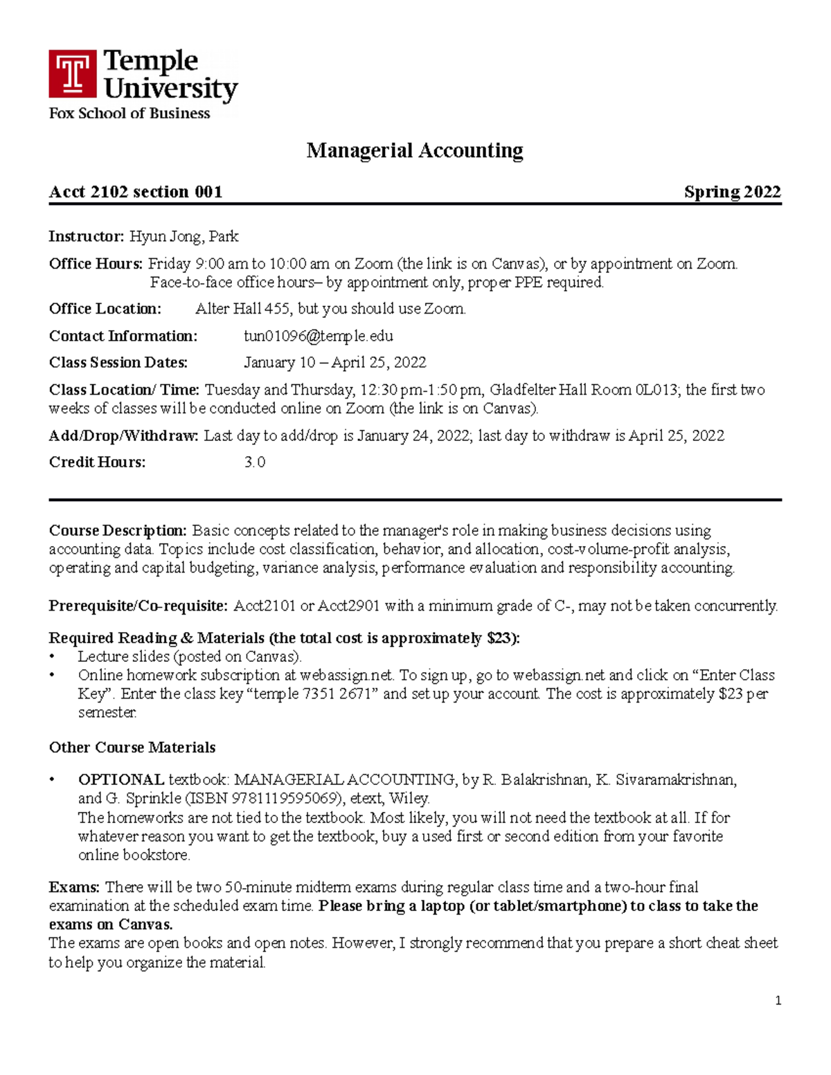 Section 001 Syllabus - Managerial Accounting Acct 2102 section 001 ...
