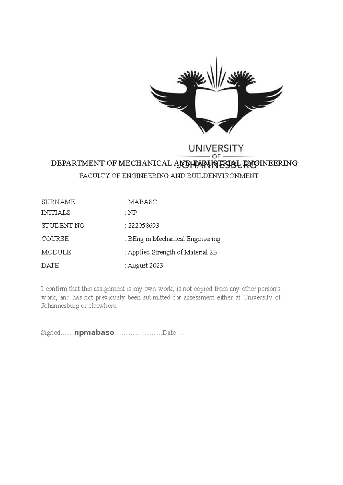Bending Stress In A Beam NP Mabaso 222058693 - DEPARTMENT OF MECHANICAL ...