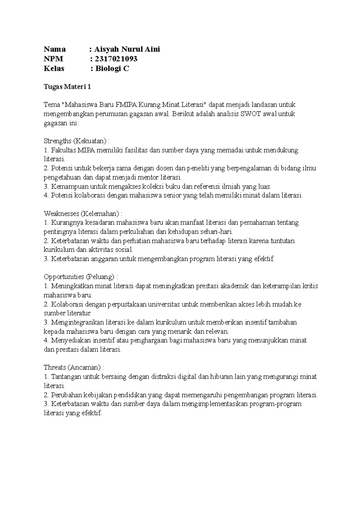 Analisis SWOT LKMM-TD - Tugas - Nama gh : Aisyah Nurul Aini NPM G.&6/ : 2317021093 Kelas GHH ...