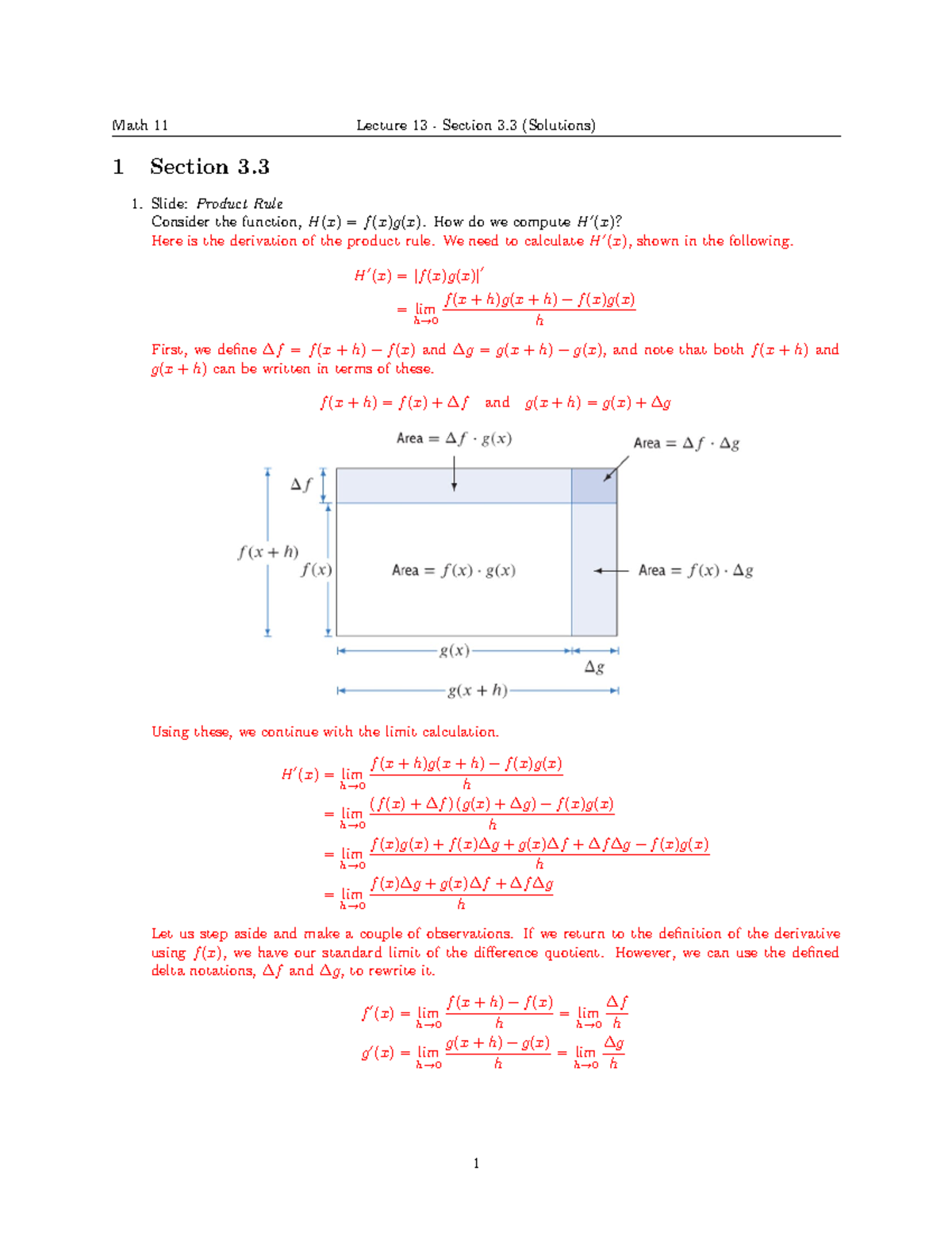 Lecture 13 solutions - 1 Section 3. Slide: Product Rule Consider the function, H(x) = f (x)g(x ...