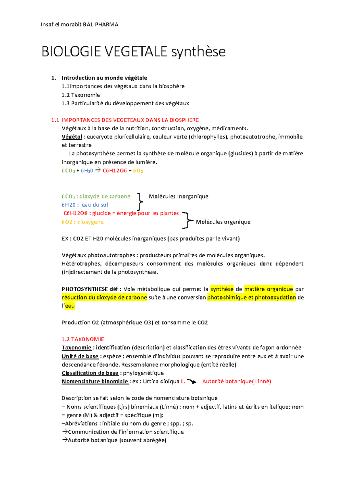 Bio V Chapitre 1 et 2 Synthese - BIOLOGIE VEGETALE synthèse 1 ...
