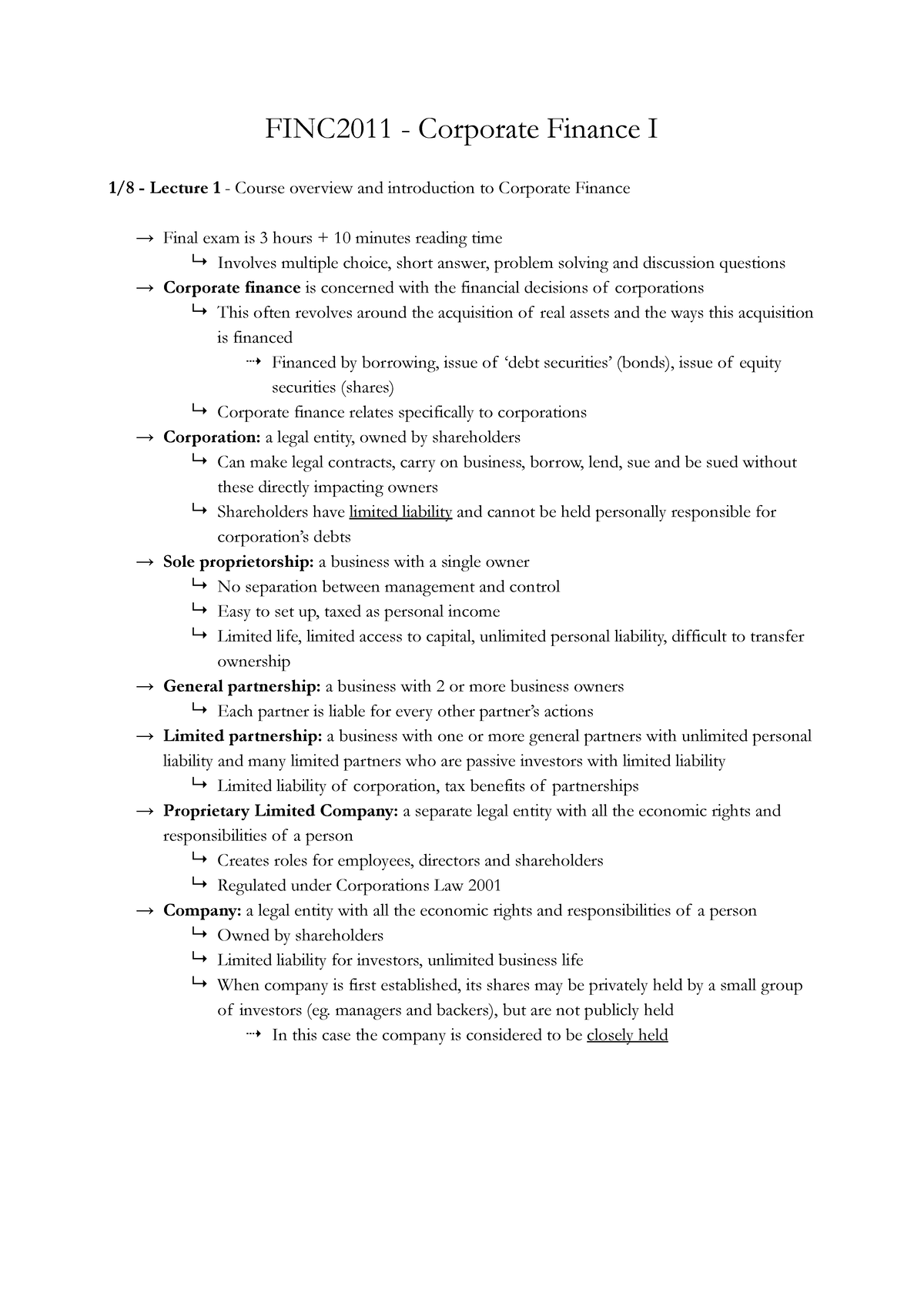finc2011, lecture and tutorial notes - FINC2011 - Corporate Finance I 1 ...