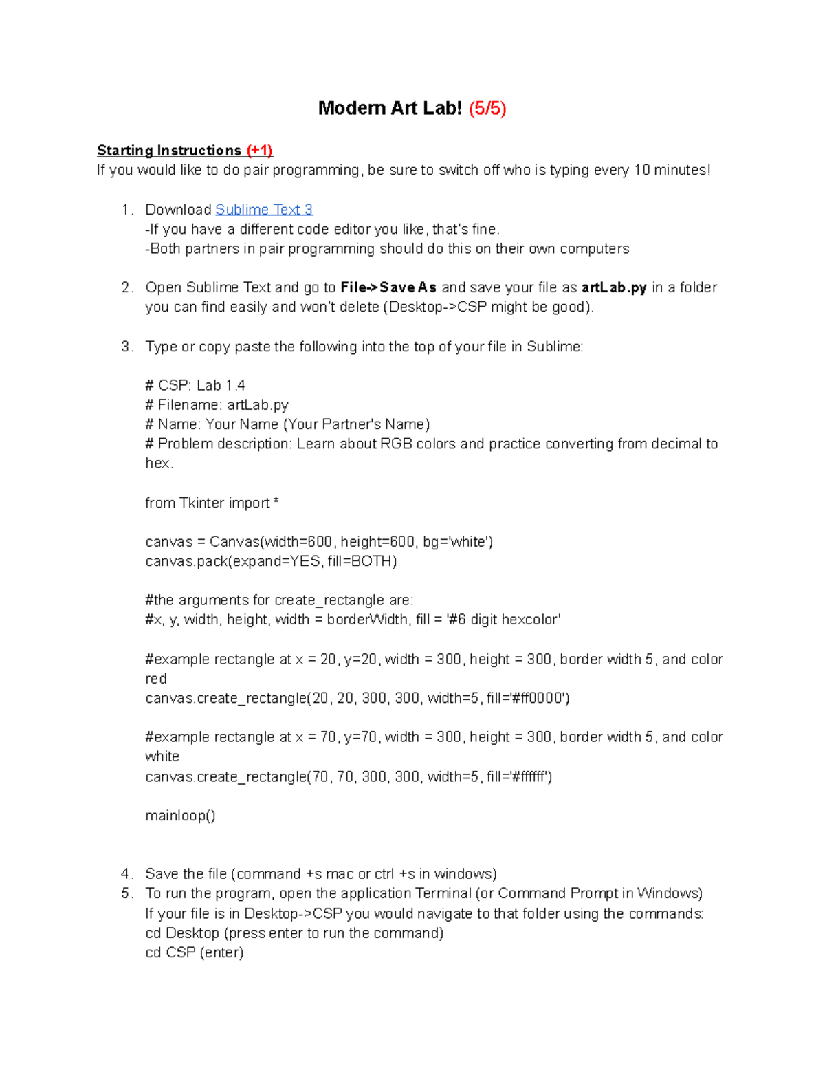 Lab 14 Python Art Modern Art Lab 55 Starting Instructions 1 If You Would Like To Do 