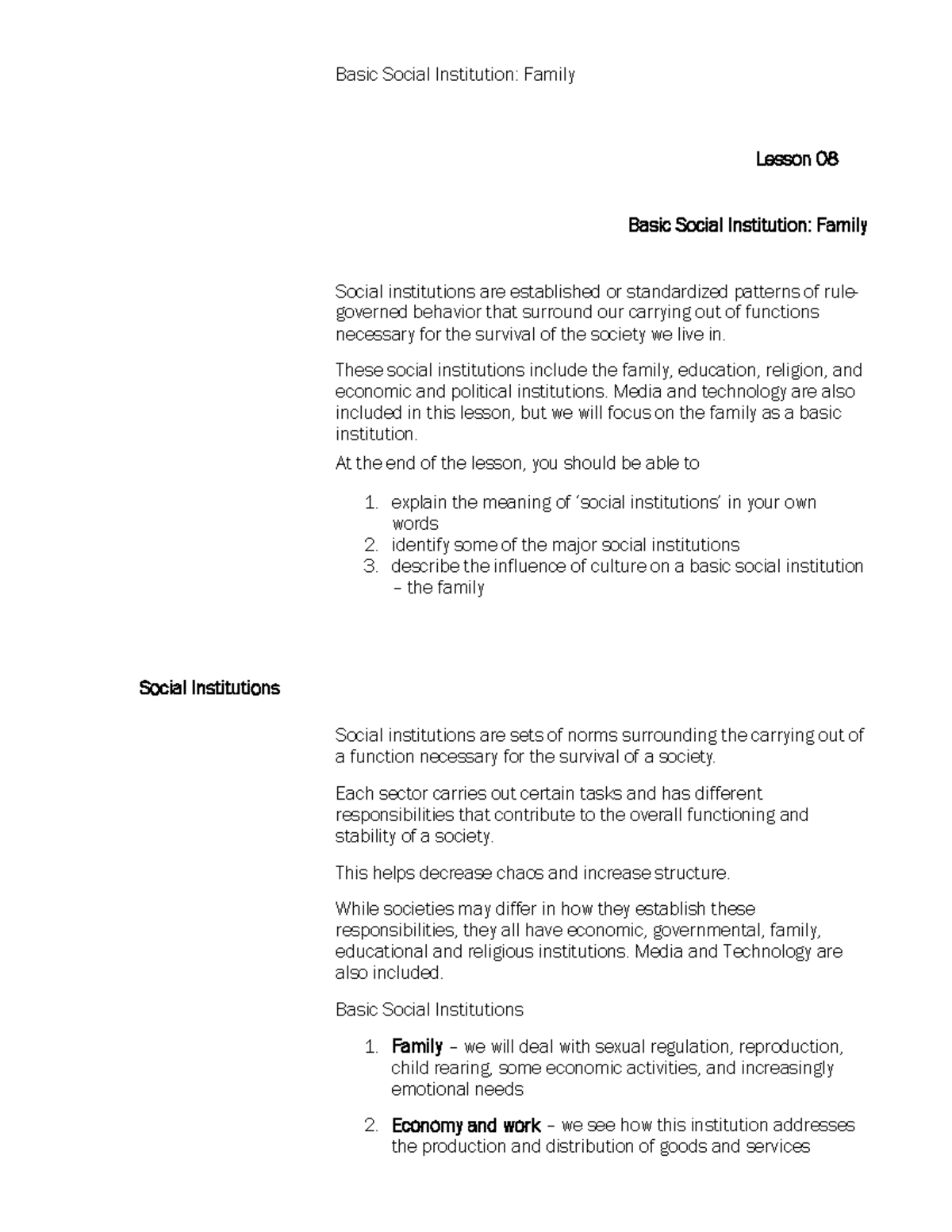 W10 Lesson 8 - Basic Social Institution - Family - Module - Basic ...