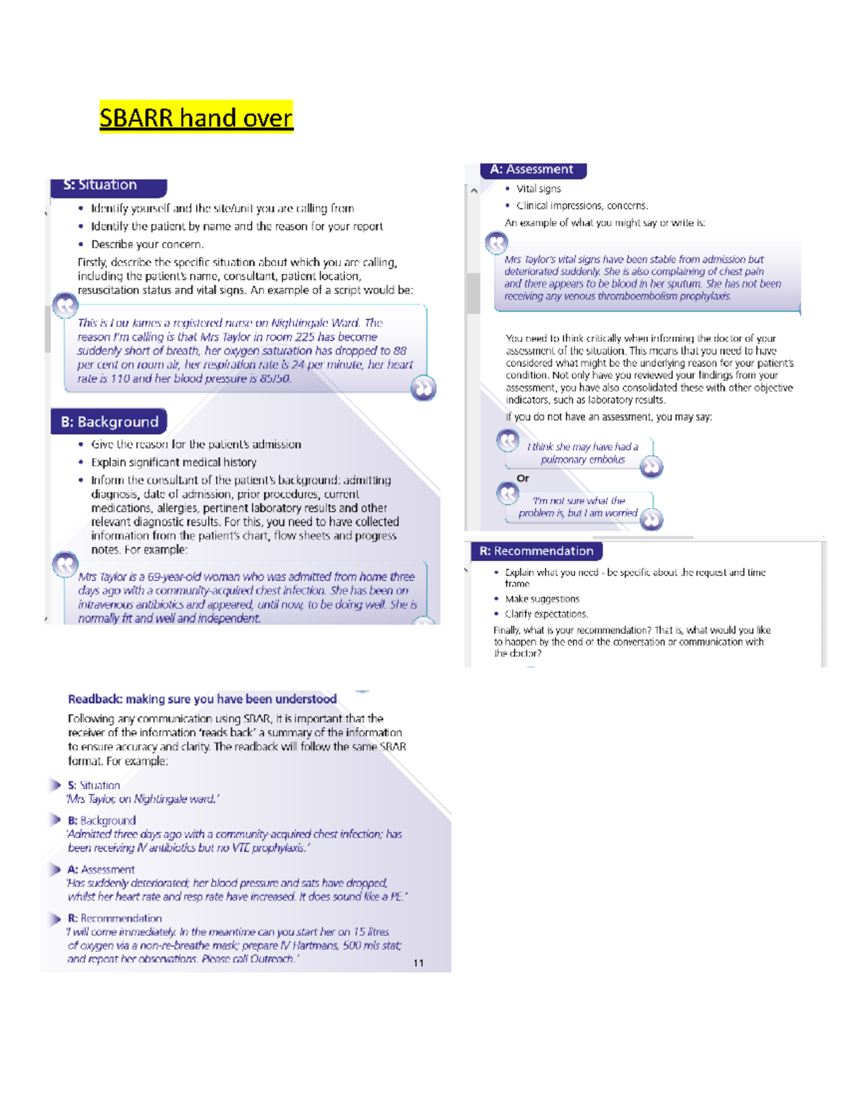 Sbarr hand over - sbar - MEDN5000 - SBARR hand over - Studocu