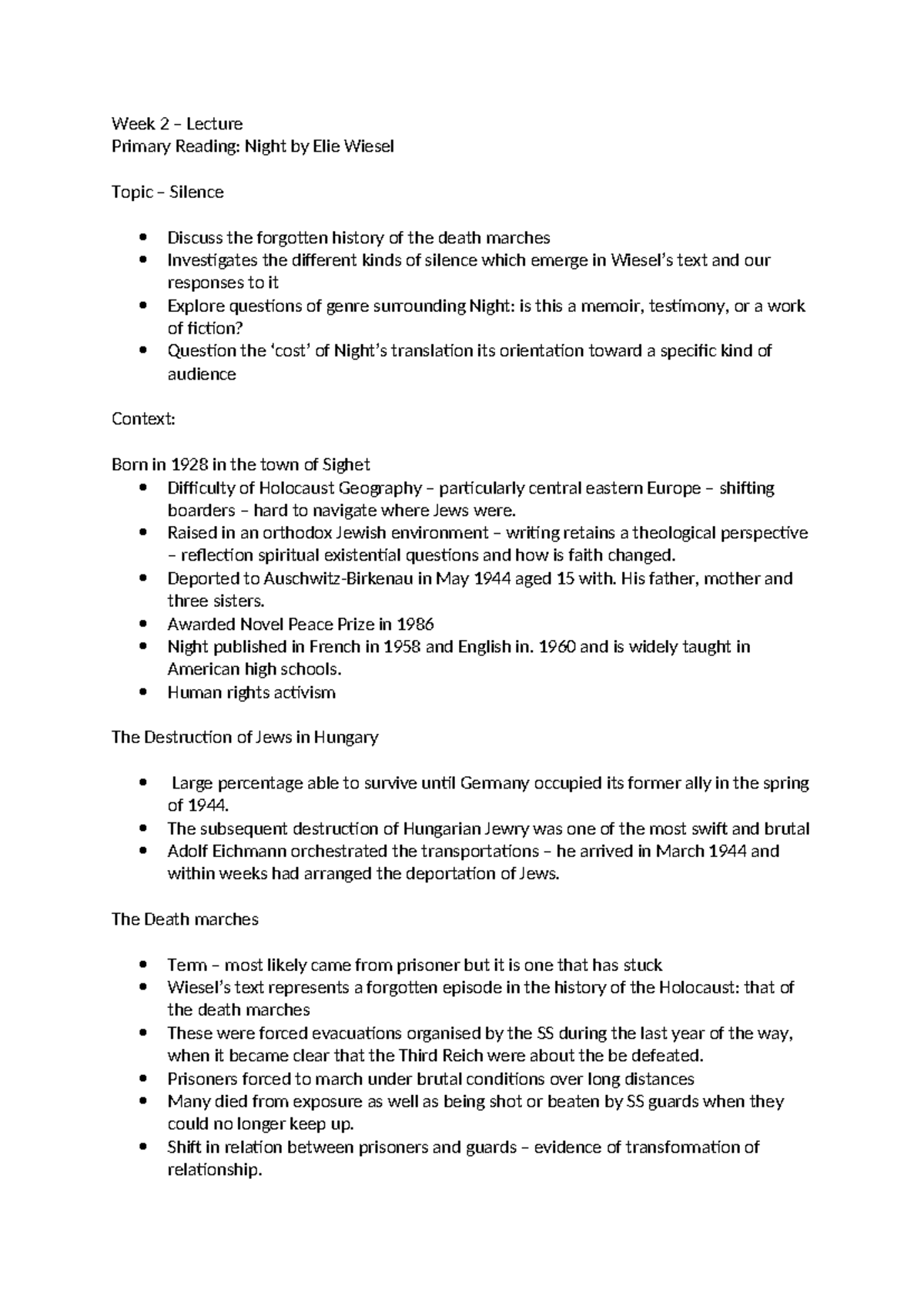 Lecture - Elie Wiesel's Night - Week 2 – Lecture Primary Reading: Night ...