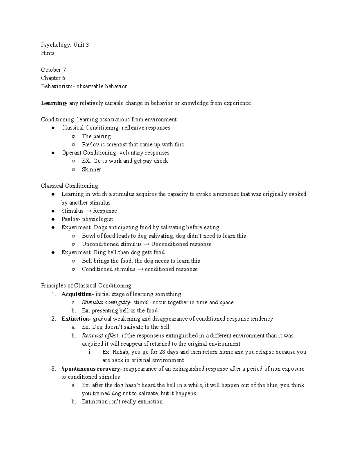 Psych: Unit 3 Notes - Psychology: Unit 3 Hints October 7 Chapter 6 ...