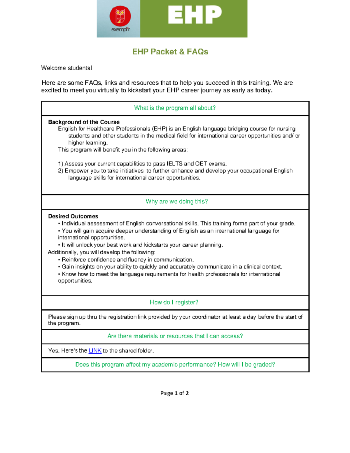 EHP FAQs - EHP Packet & FAQs Welcome students! Here are some FAQs ...