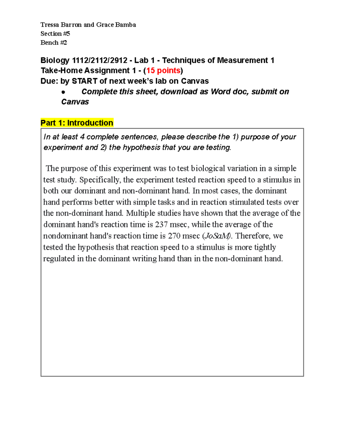 Lab 1 take home assessment - Section Bench Biology 1112/2112/2912 - Lab ...