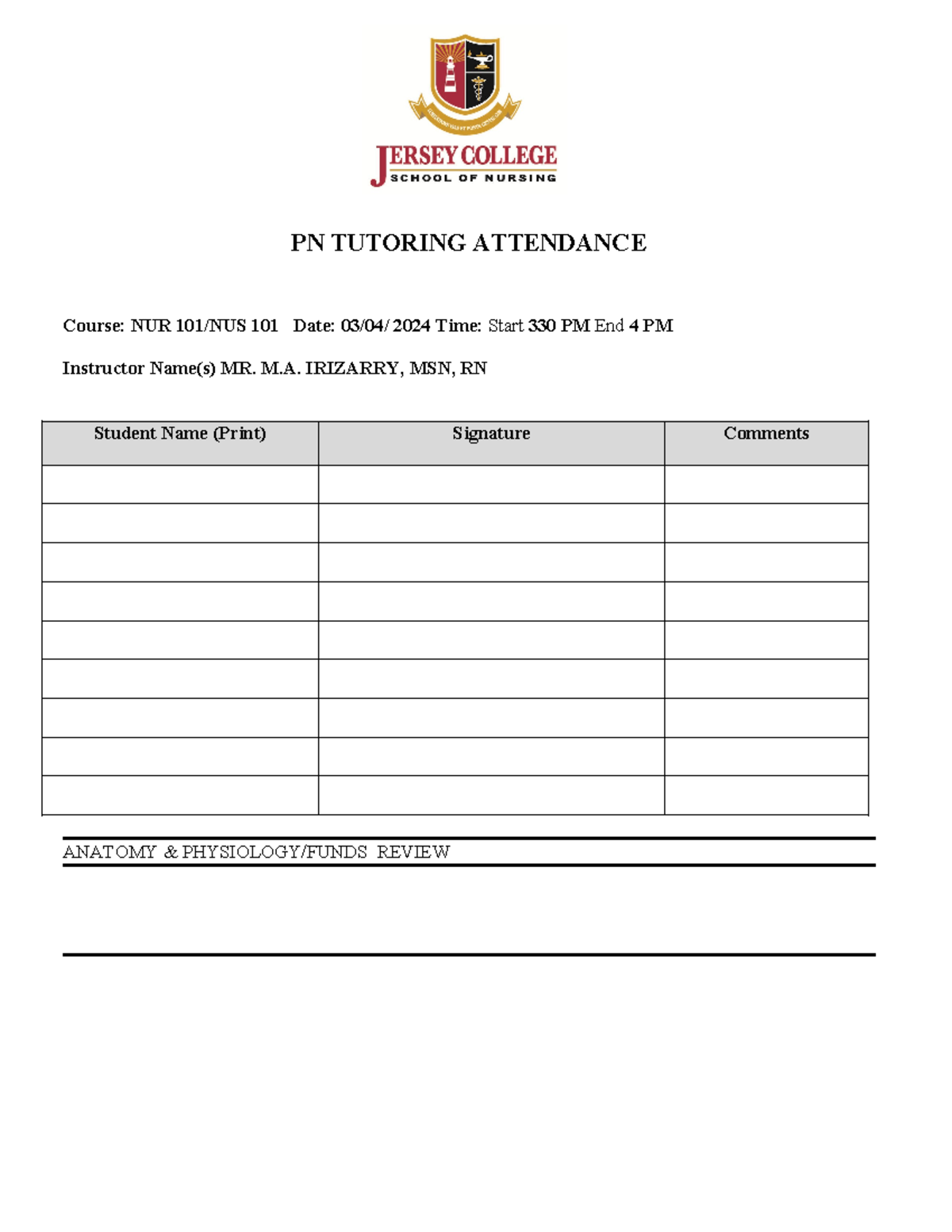 Tutoring Attendance Sheet Peds Math - nur202 - PN TUTORING ATTENDANCE Course: NUR 101/NUS 101 ...