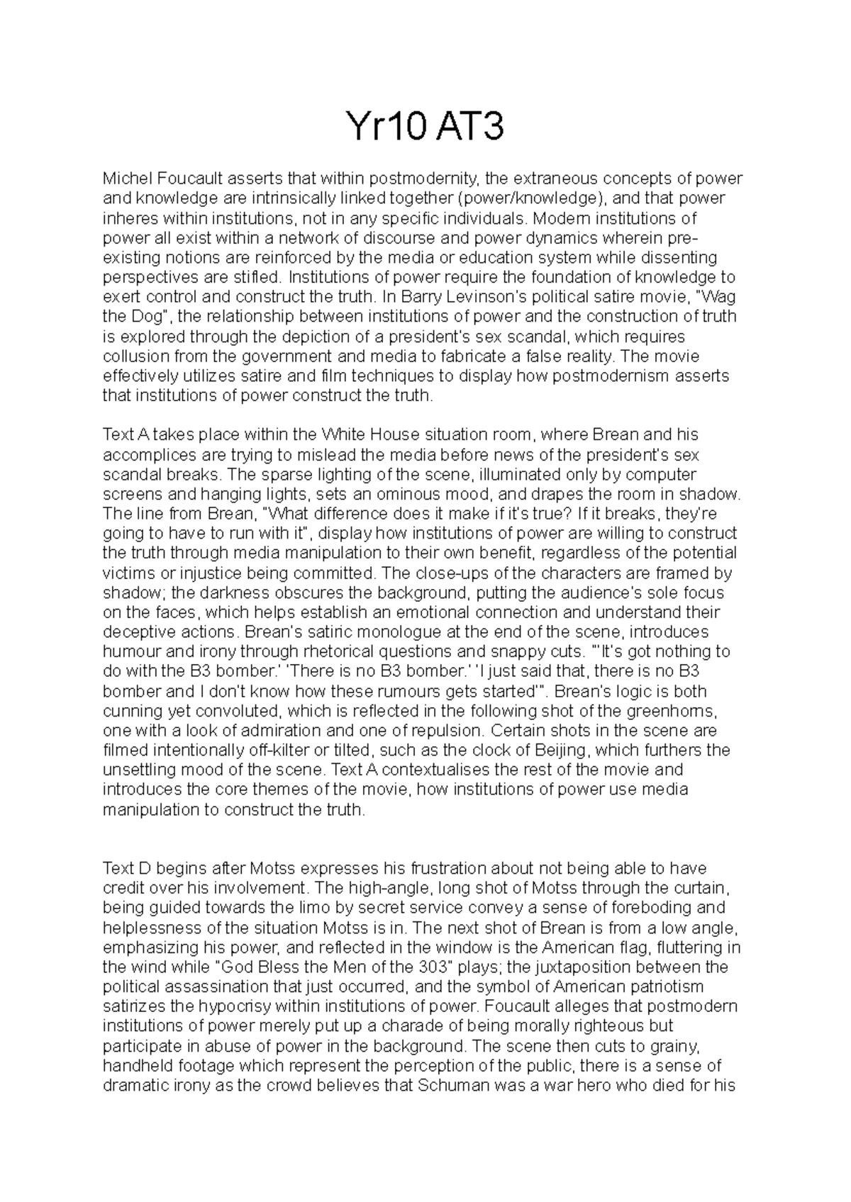 Yr10Eng2023 - Analysis of "Wag the Dog" - Yr10 AT Michel Foucault ...