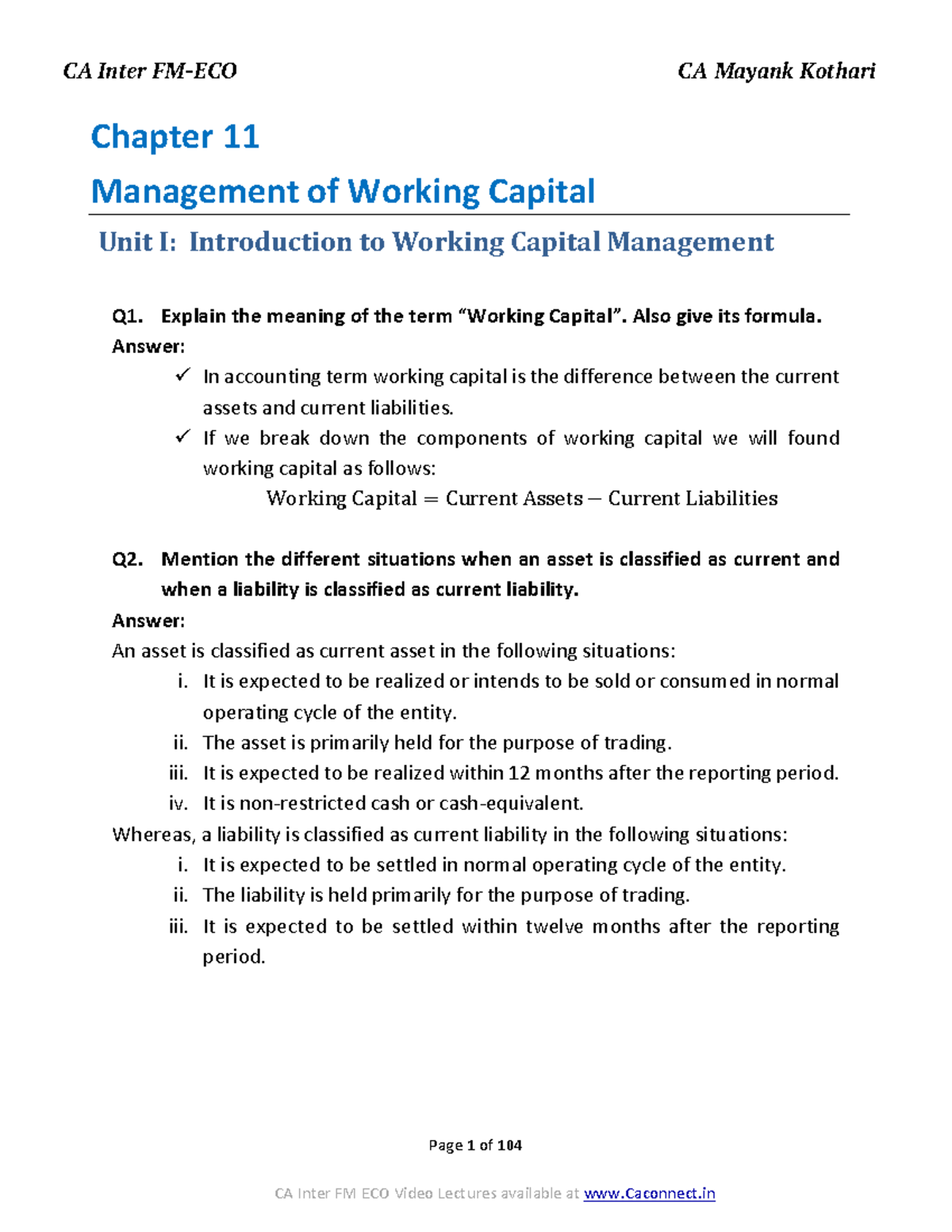 Management of Working Capital Notes - CA Inter FM-ECO CA Mayank Kothari ...