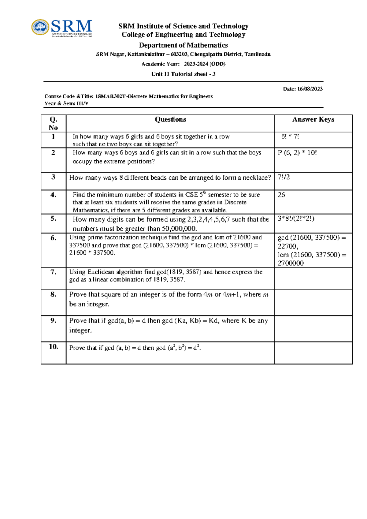 3.Unit 2-Tutorial sheet 3 - SRM Institute of Science and Technology College of Engineering and ...