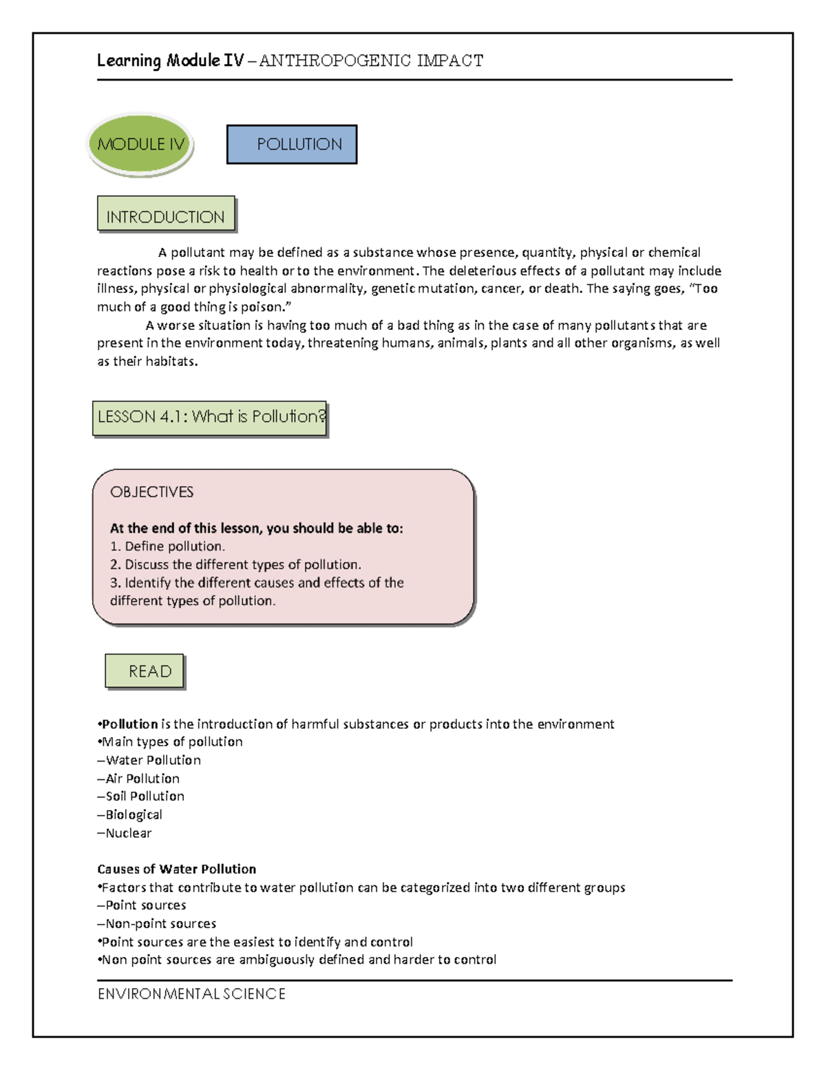 Environmental- Module-IV - MODULE IV POLLUTION INTRODUCTION A pollutant ...