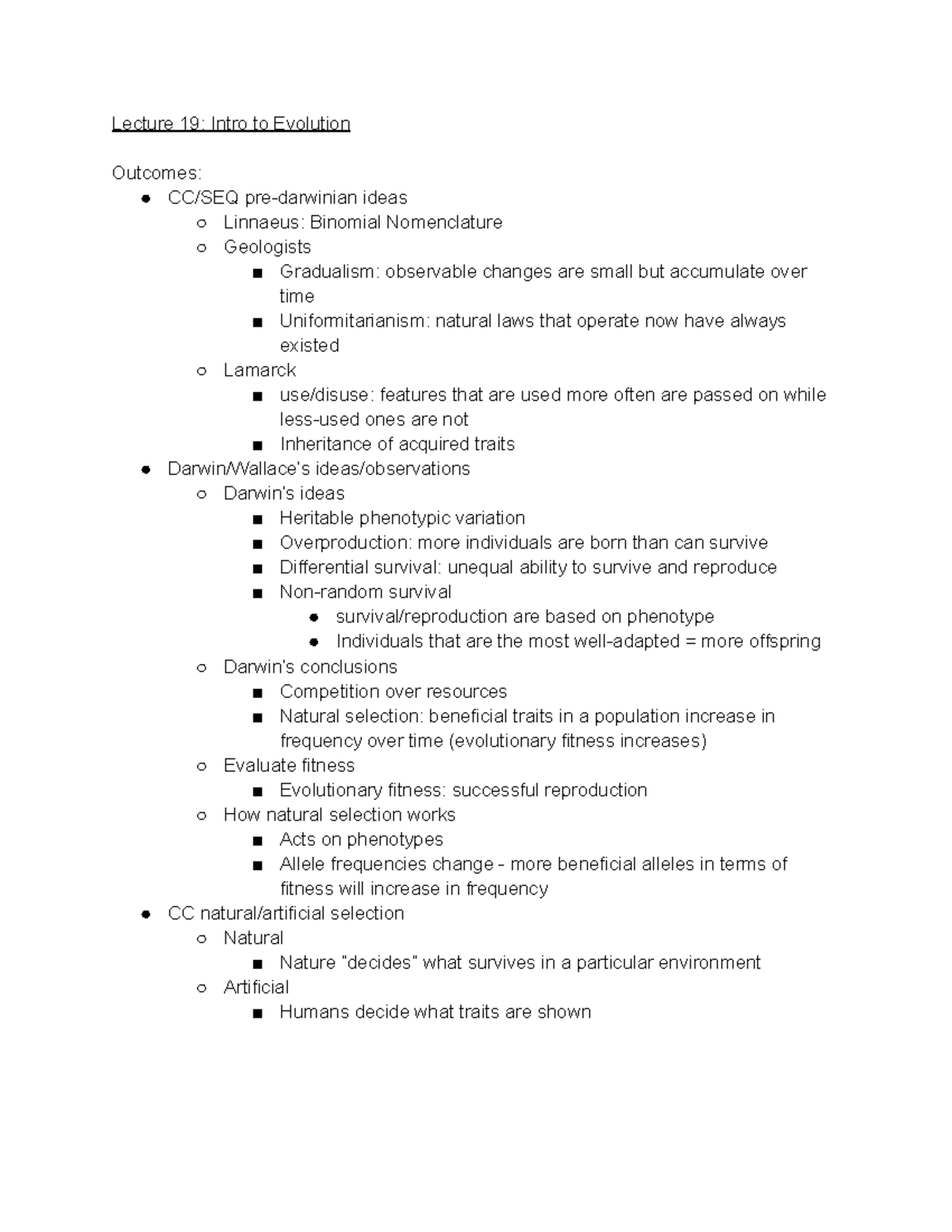 Bio Final Review - notes - Lecture 19: Intro to Evolution Outcomes: CC ...