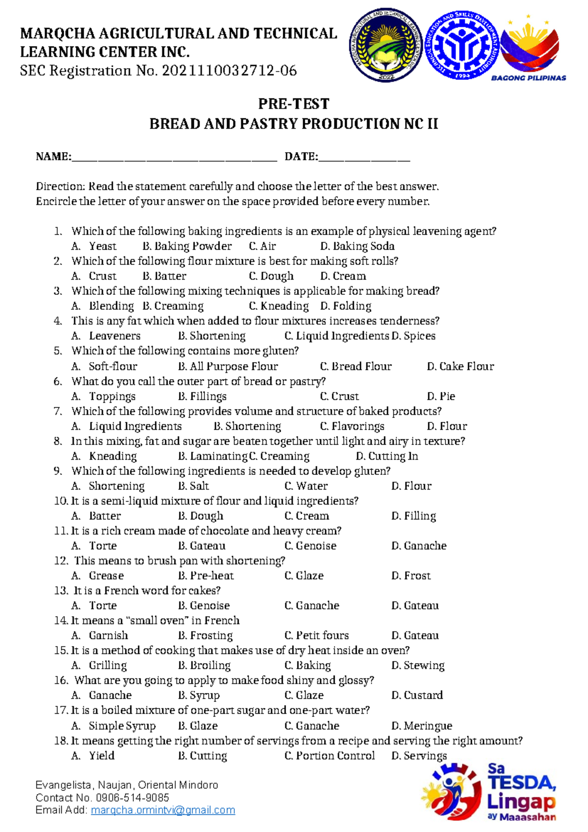 PRE TEST BPP NCII - SOFT COPIES - LEARNING CENTER INC. SEC Registration ...