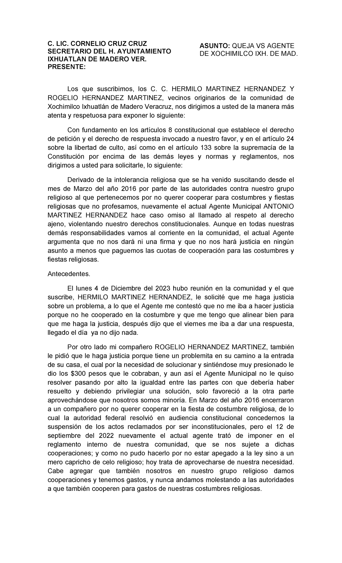 Aviso Secretario Ayuntamiento - C. LIC. CORNELIO CRUZ CRUZ SECRETARIO ...