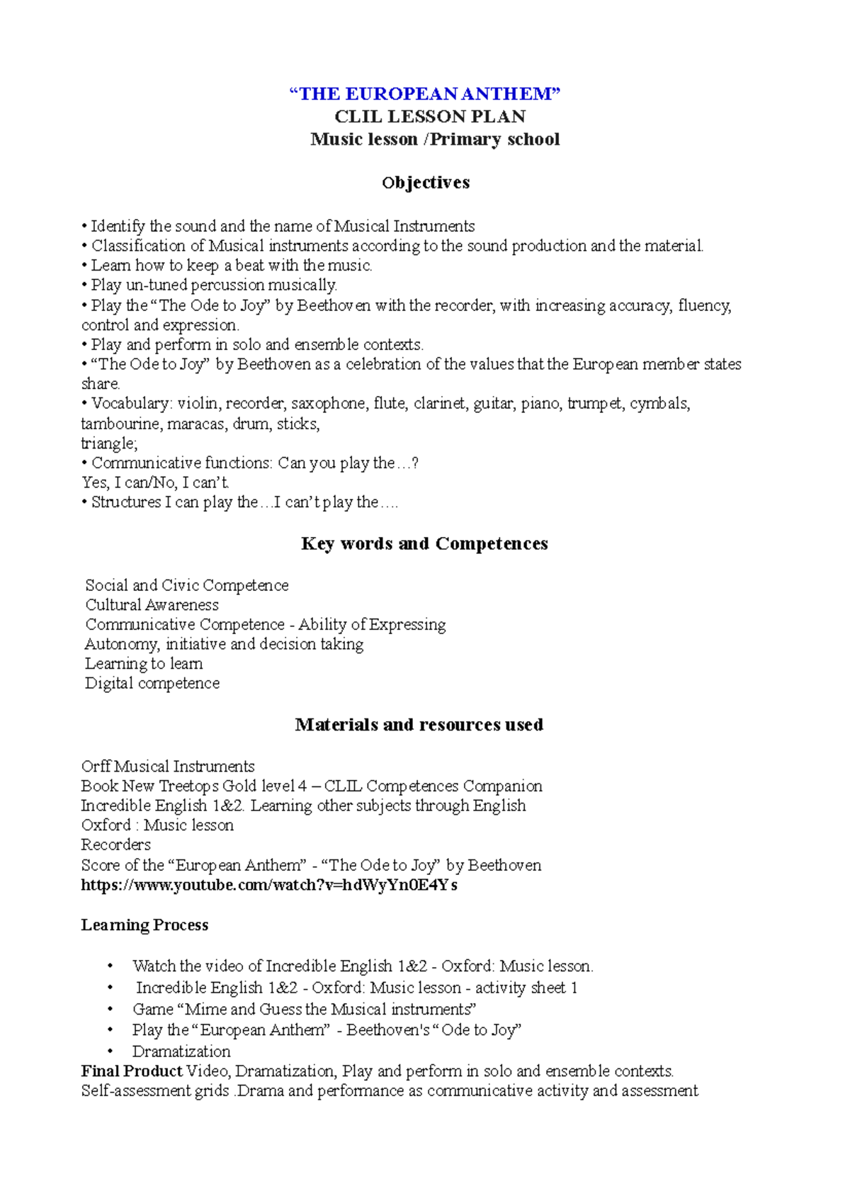 Anthem - SCENARIUSZ ZAJEC CLIL MUZYKA - “THE EUROPEAN ANTHEM” CLIL ...