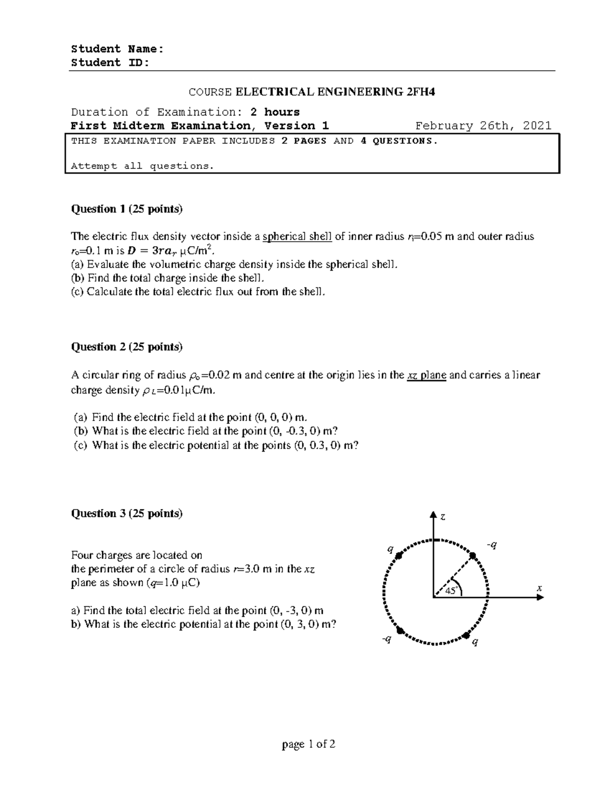 Midterm 1 2021 Version 1 - Student Name: Student ID: page 1 of 2 COURSE ...