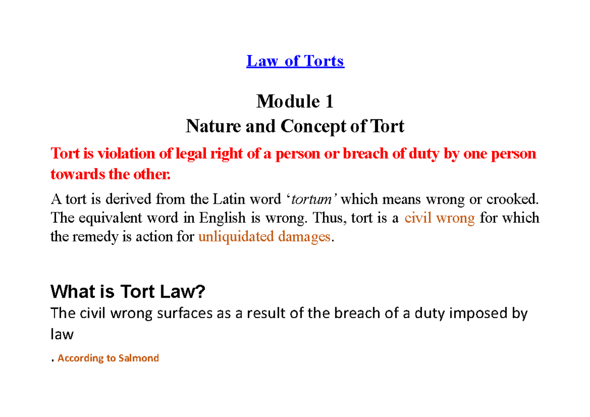 Module 1 tort - Law of Torts Module 1 Nature and Concept of Tort Tort ...