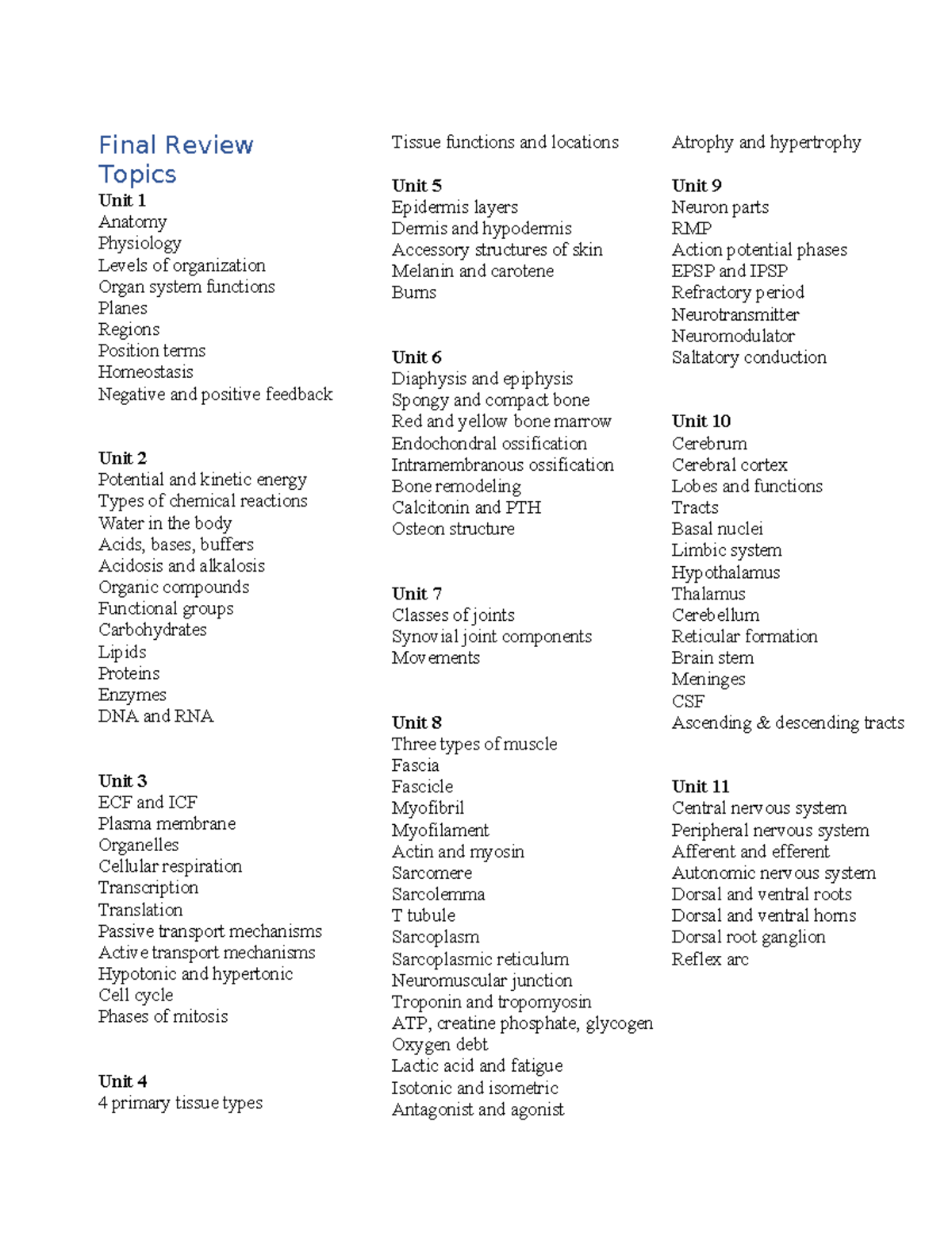 Final review list - Final Review Topics Unit 1 Anatomy Physiology ...