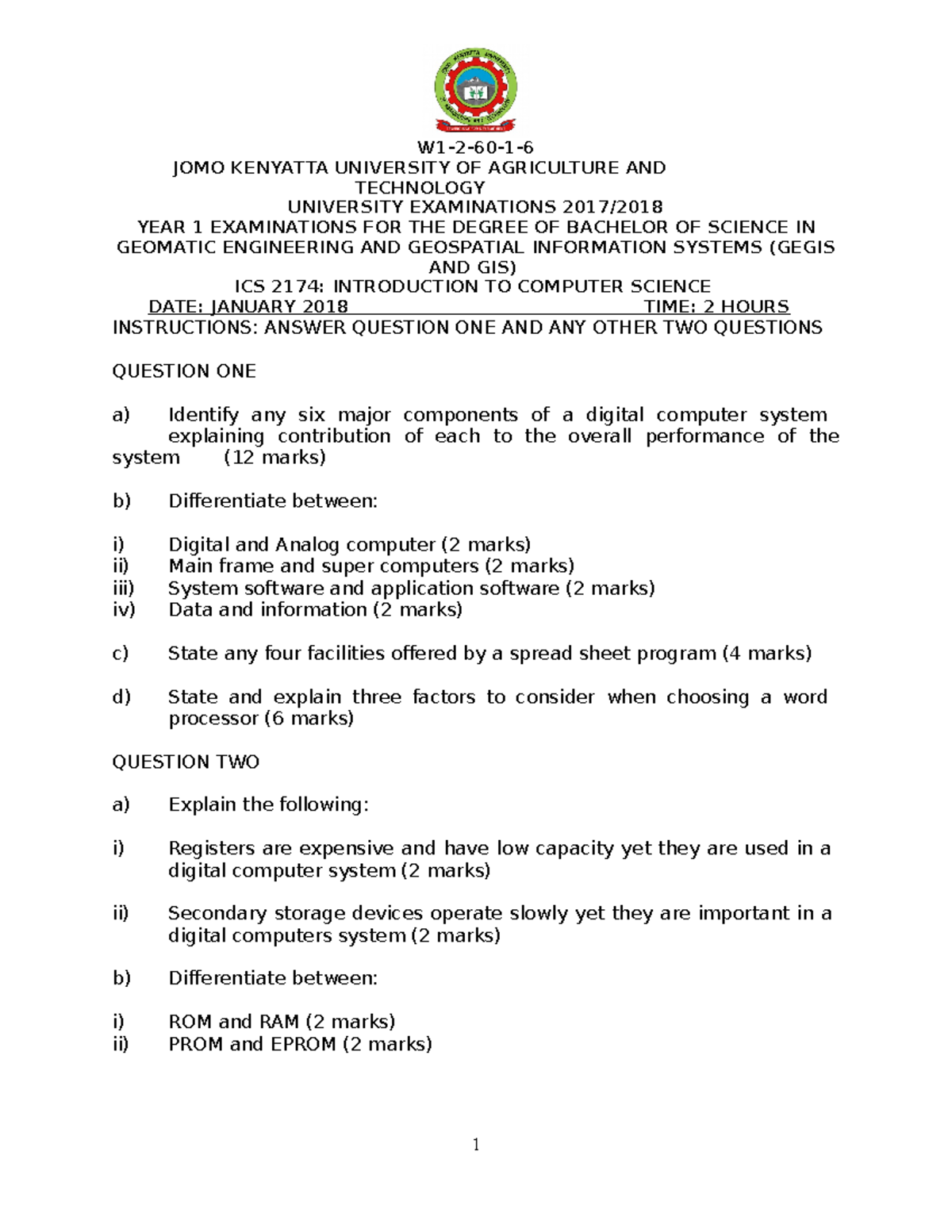 ICS 2174 Introduction TO Computer Science - W1-2-60-1- JOMO KENYATTA ...