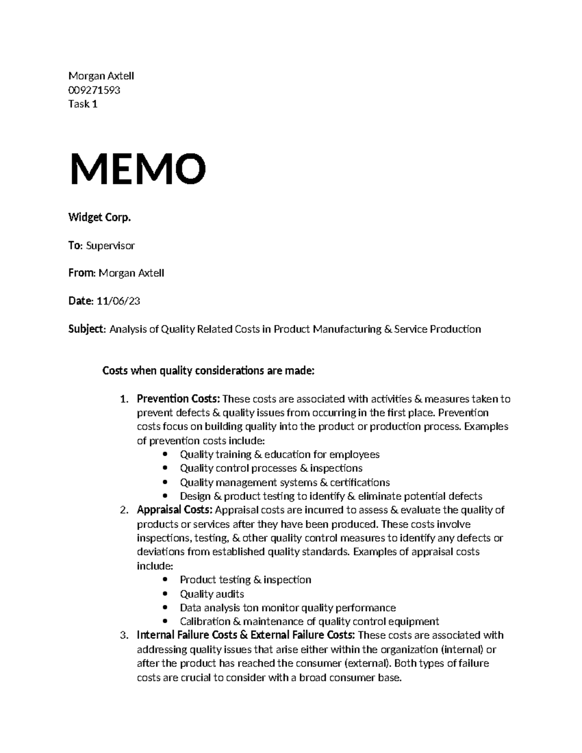 WGU QHT1 Task 1 - Morgan Axtell 009271593 Task 1 MEMO Widget Corp. To ...