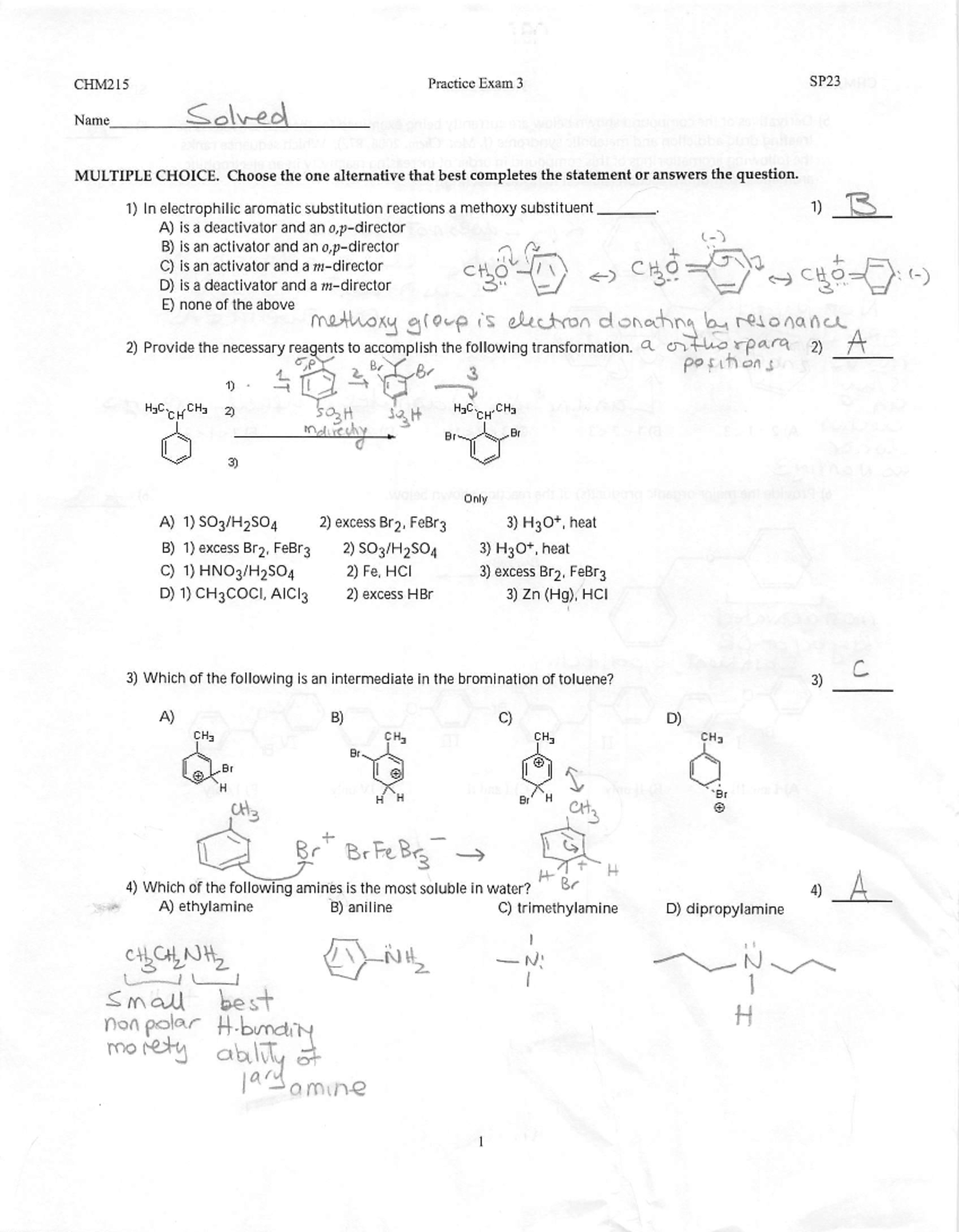 CH215 solved practice exam 3 SP23 - CHM215 Practice Exam 3 SP23 Name Solved MULTIPLE CHOICE ...