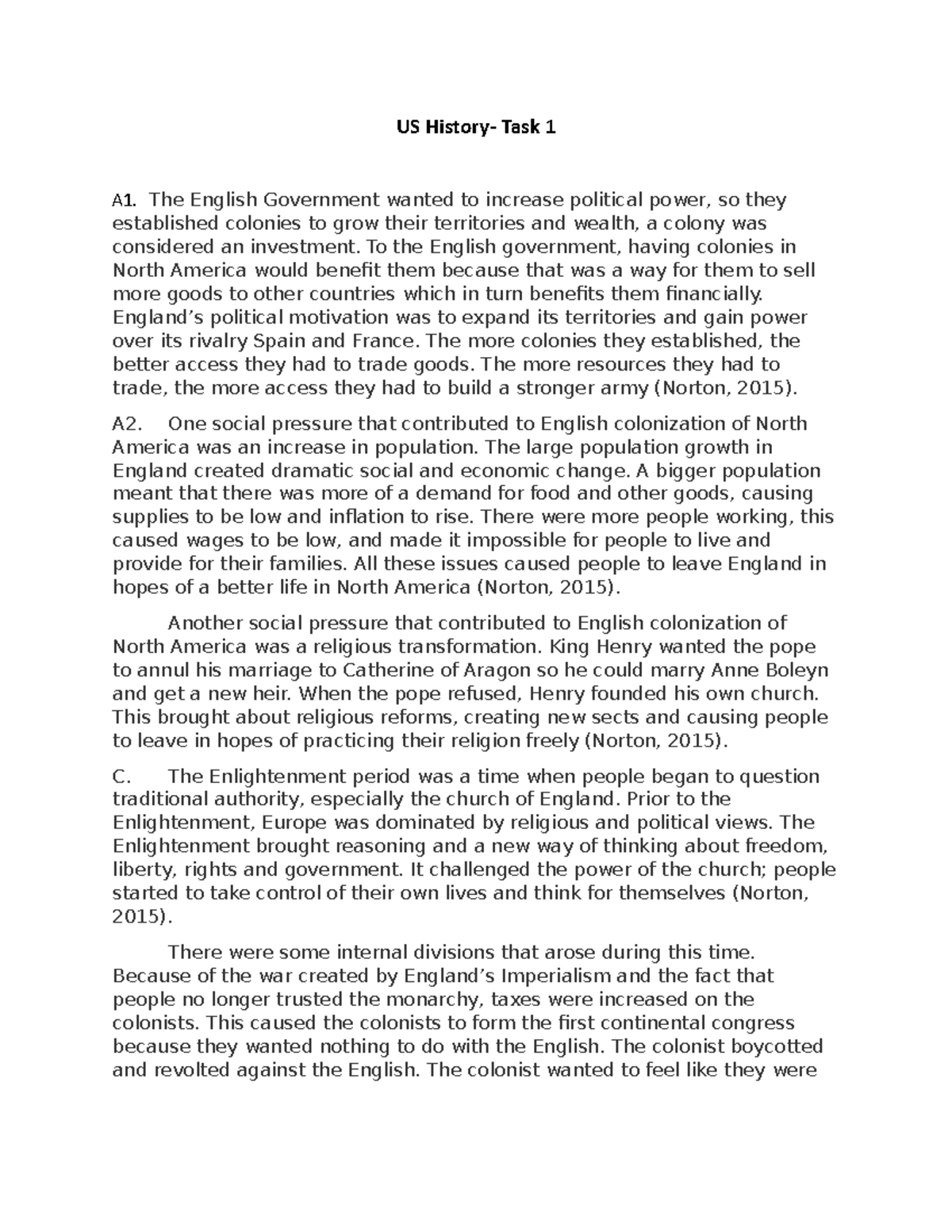 US History Task 1-complete - US History- Task 1 A1. The English ...